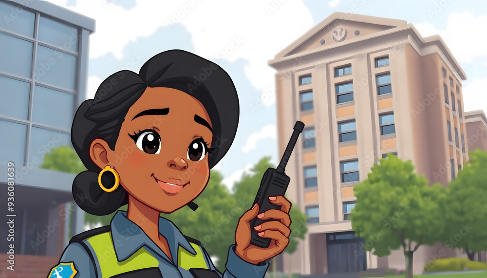 African-American female security guard with radio transmitter near ...