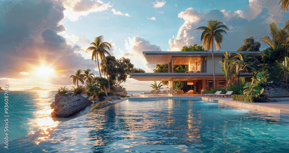 An architectural rendering of the exterior view across an infinity pool ...