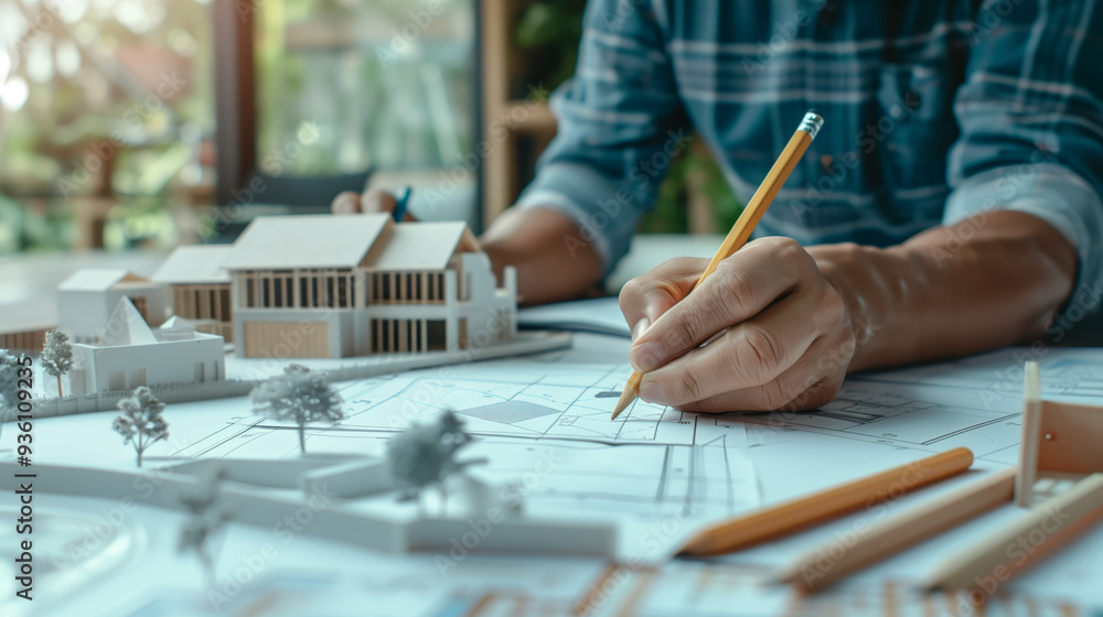 An architect works on a detailed scale model of a modern house ...