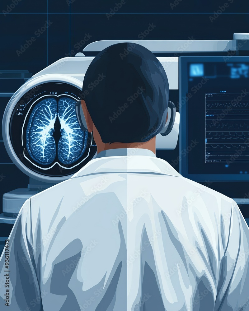 Medical professional examining brain scans on a monitor, highlighting ...