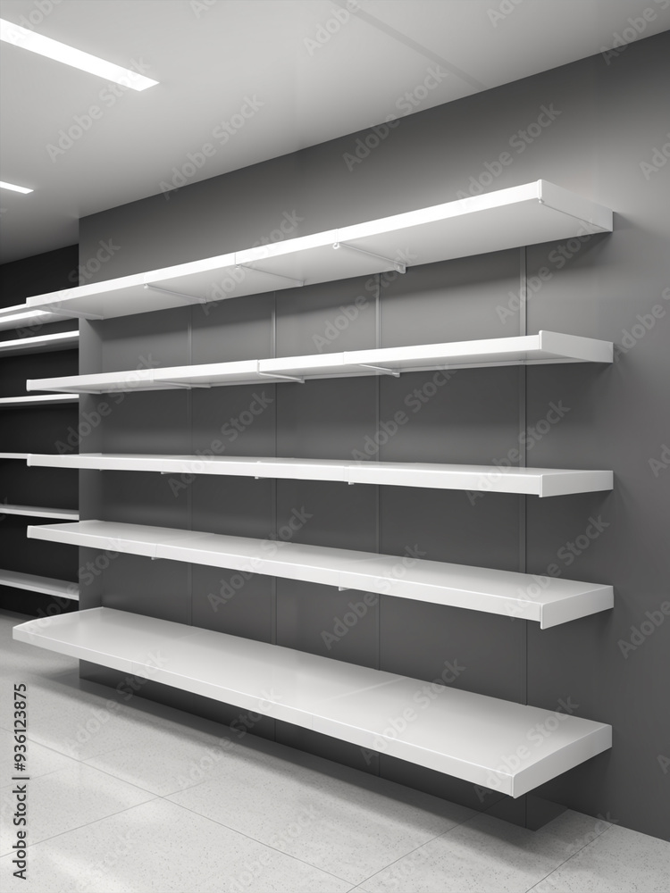 Set of white empty store shelves. Retail double shelf rack. Showcase ...