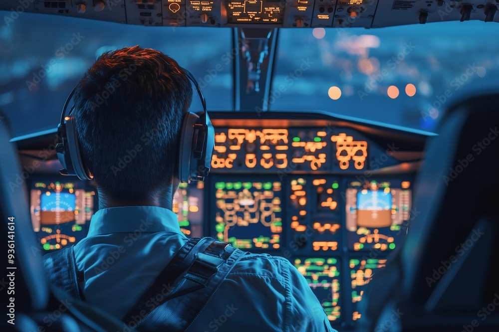 A pilot, viewed from behind, navigates an aircraft's illuminated ...