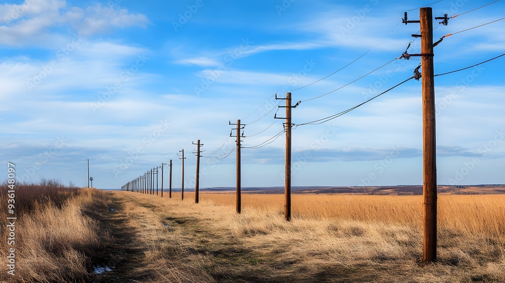 17. A rural electrical grid setup with wooden poles and insulated wires ...