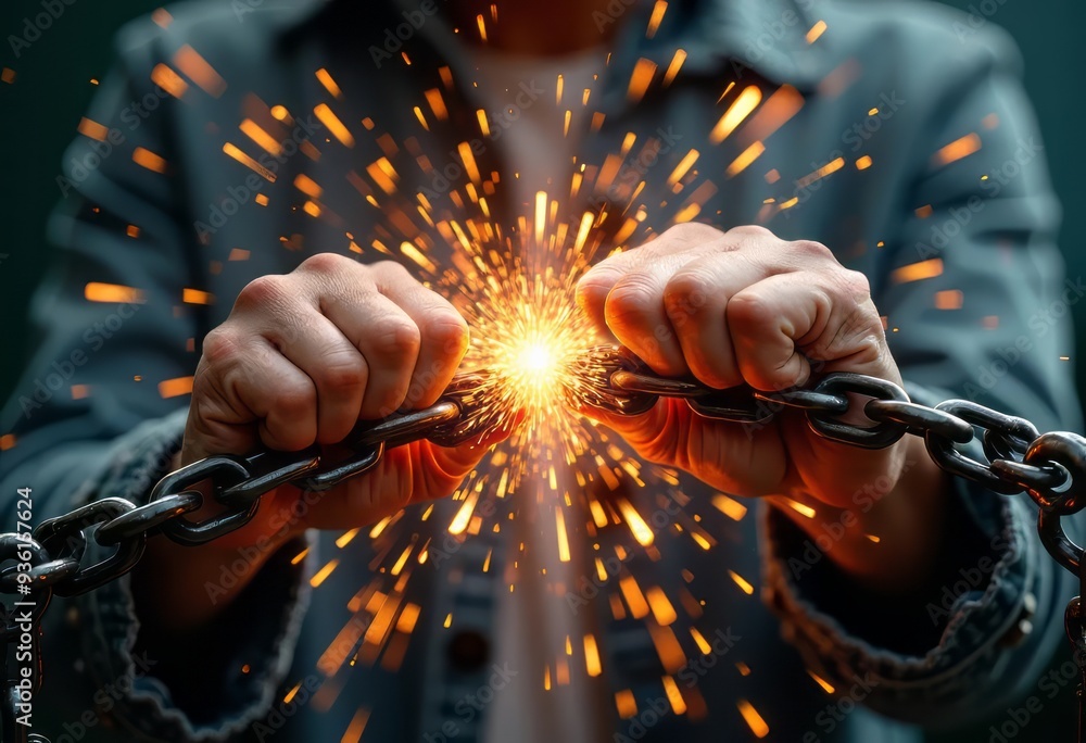 Man breaking free from chains of oppression and deception. Hands ...