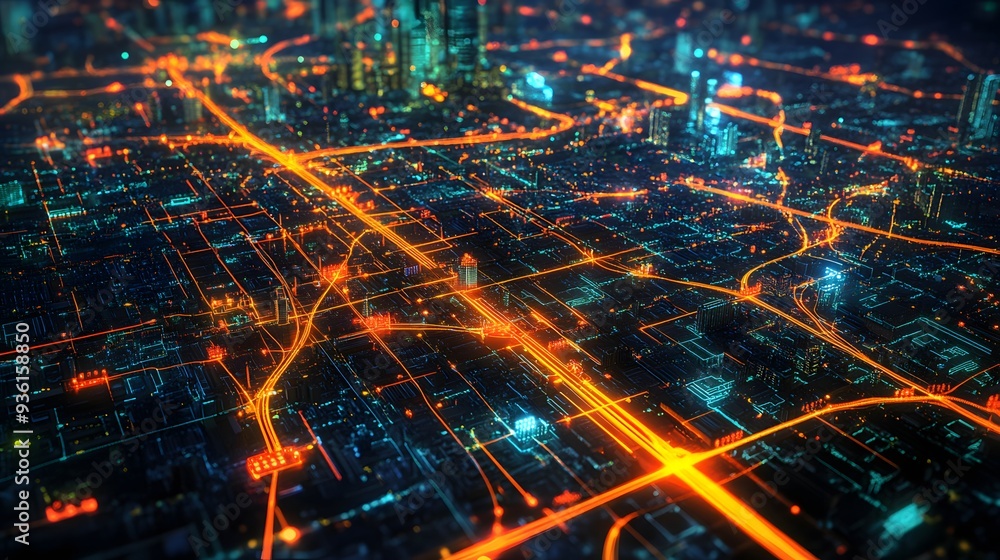 13. An electrical grid map overlaid on a city with different zones and ...