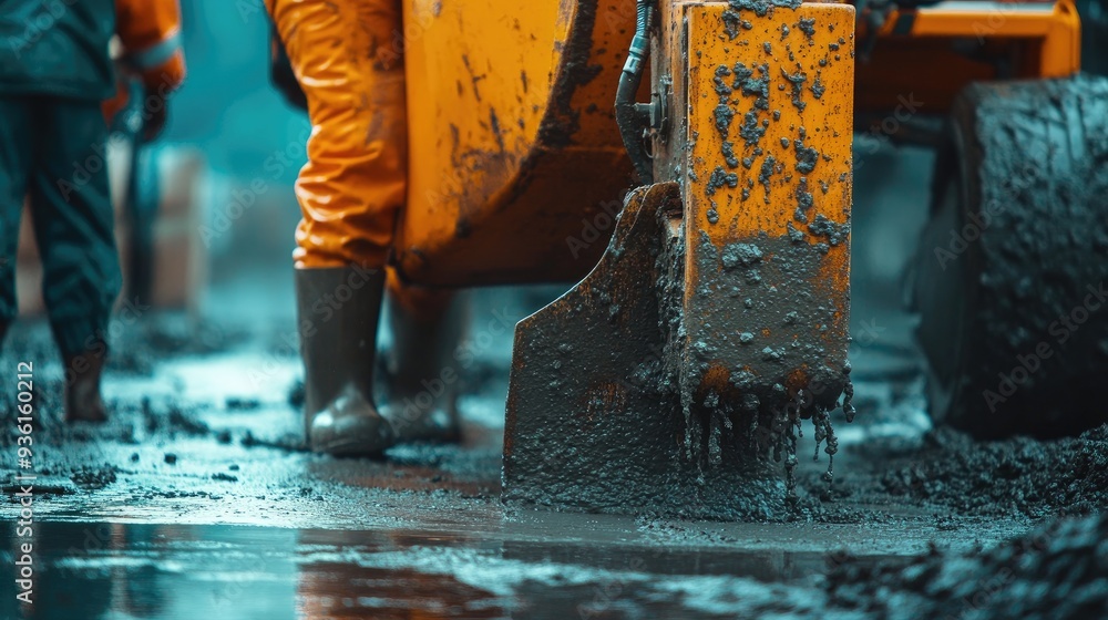 A construction worker oversees the operation of a concrete mixer, with ...