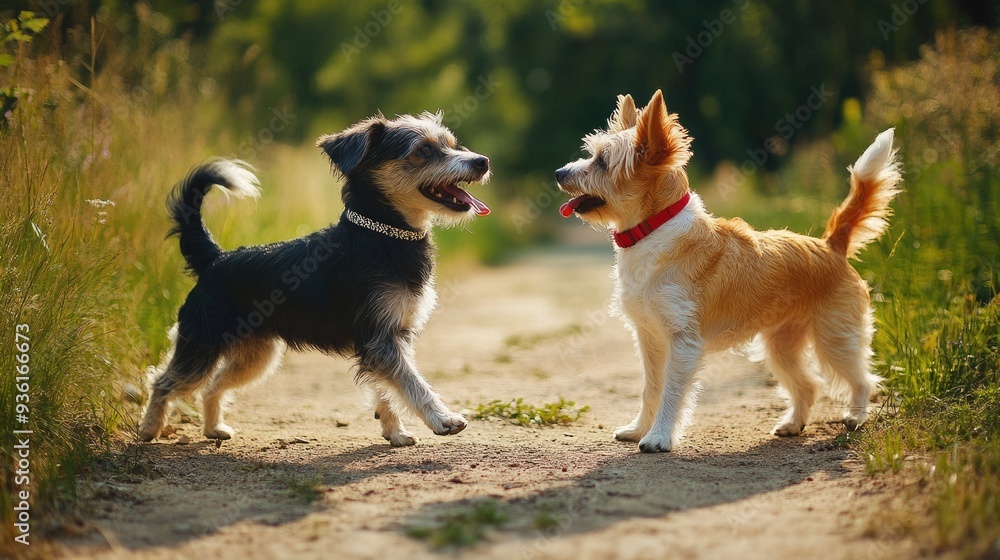 Two Dogs Meet for a Summer Walk in the Park - Outdoor Animals Scenting ...