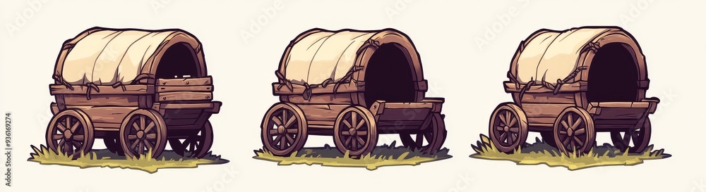The portrayal depicts wooden wagons, tent wagons with roofs, farm ...