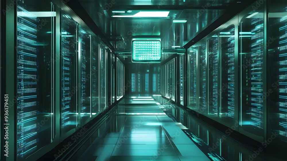 31. A futuristic server farm with transparent server racks and visible ...