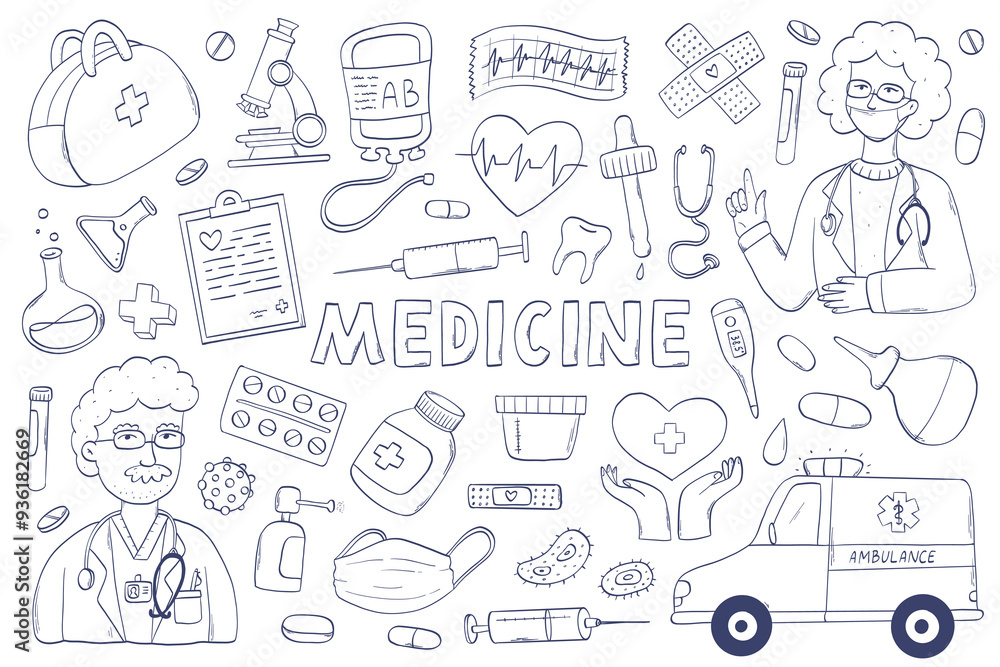 Medical doodles, medicine cartoon elements collection, clipart for ...
