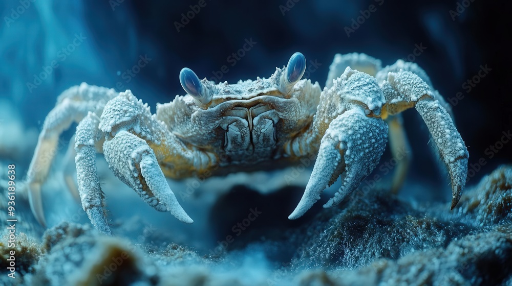 4K Realistic Yeti crab near hydrothermal vent, deep sea ecosystem ...