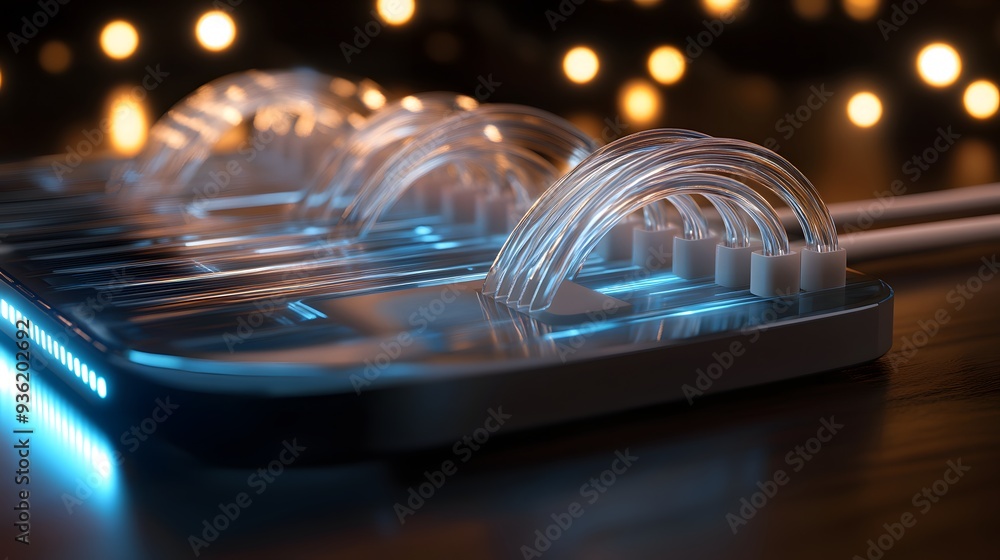 6. A high-tech internet router with visual data flow streaming through ...