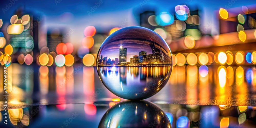 Glass ball reflecting city lights at night, gazing ball, crystal clear ...