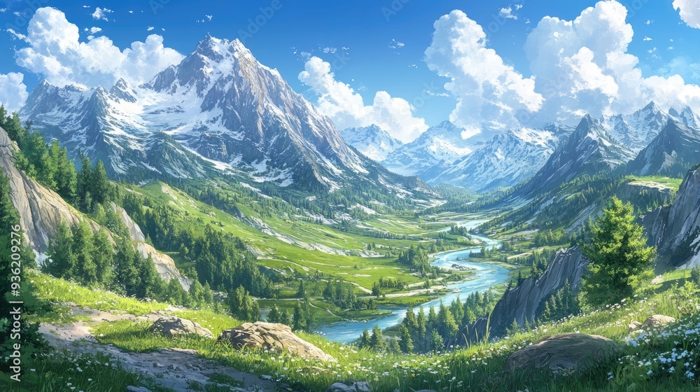 Majestic anime-style mountain range with a crystal-clear river winding ...