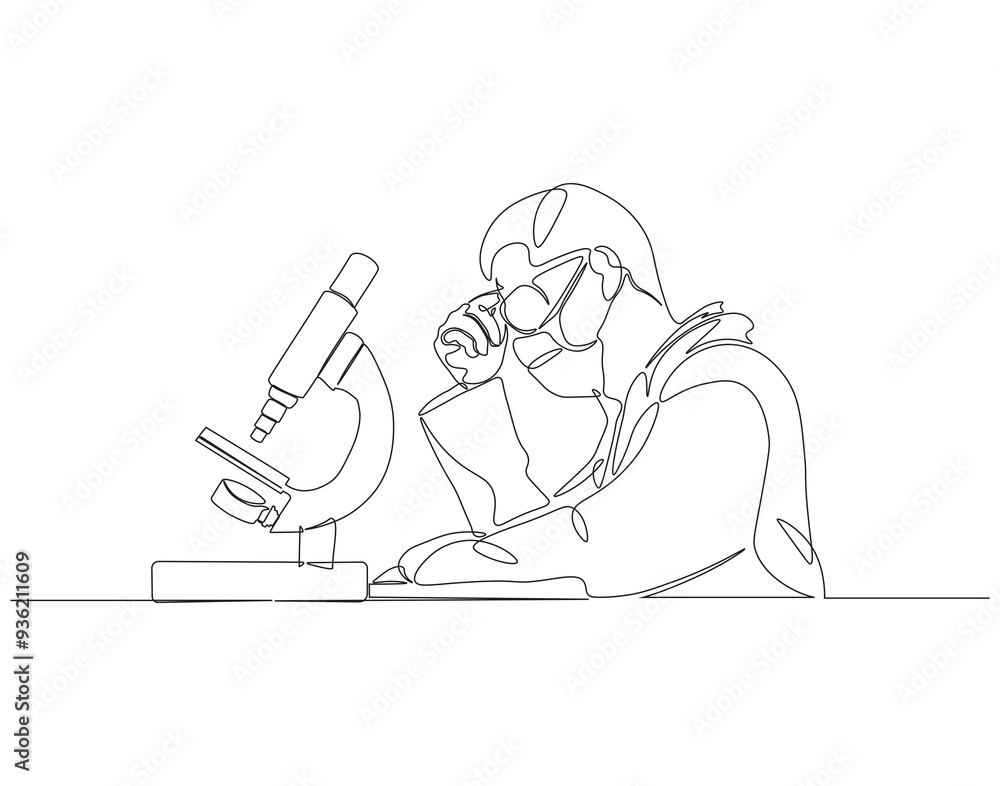 Continuous one line drawing of scientist using microscope in laboratory ...