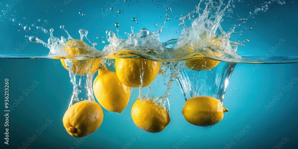 Lemons falling into water with splash on a blue background, lemons, water, splash, blue, citrus ...