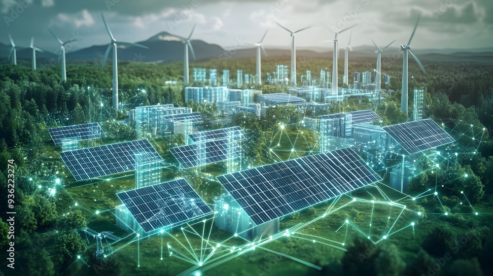 30. A conceptual image of a green energy grid with solar panels, wind ...