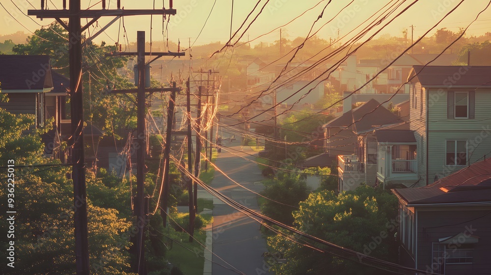 31. A sprawling electrical grid in a suburban area with houses and ...