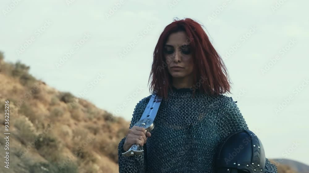 A medieval armored female warrior, with a large sword resting on her ...