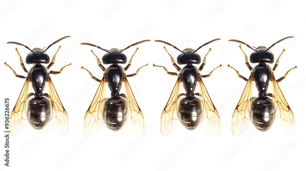 Four black wasps with wings spread out, isolated on transparent ...