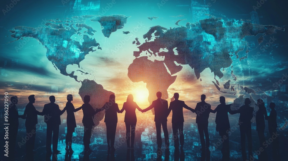 Teamwork of business people around the world through smart innovation ...