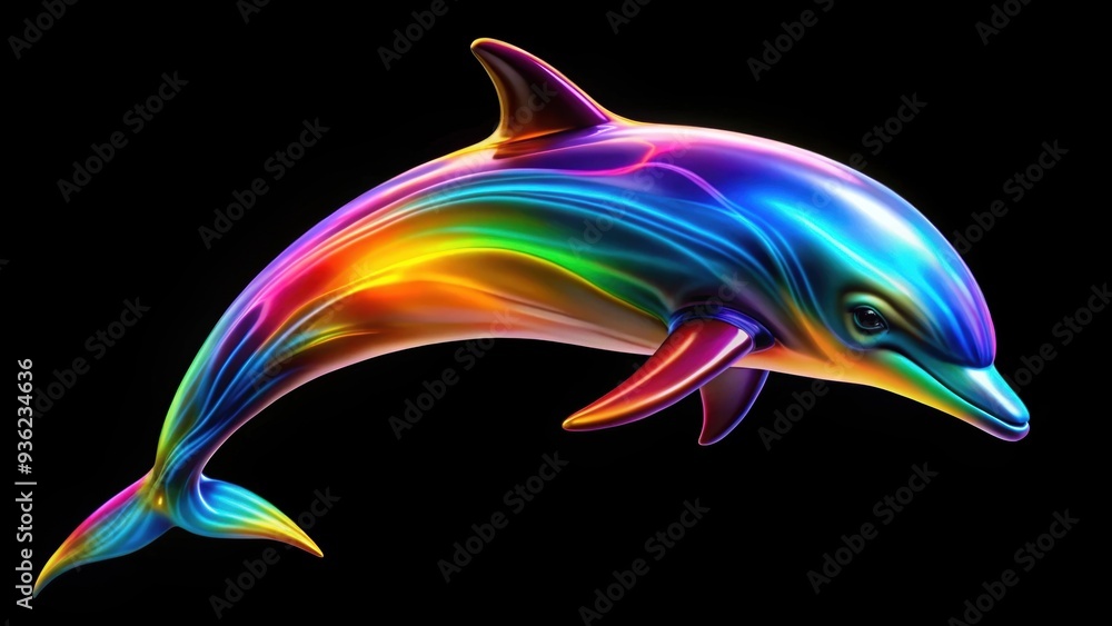 Graphic style dolphin with vibrant colors on a black background ...