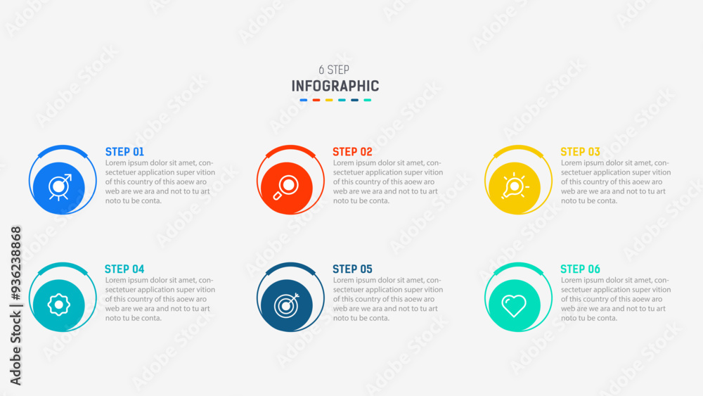 Business infographics design for Six Step, option, parts or process. Infographic 6 element ...