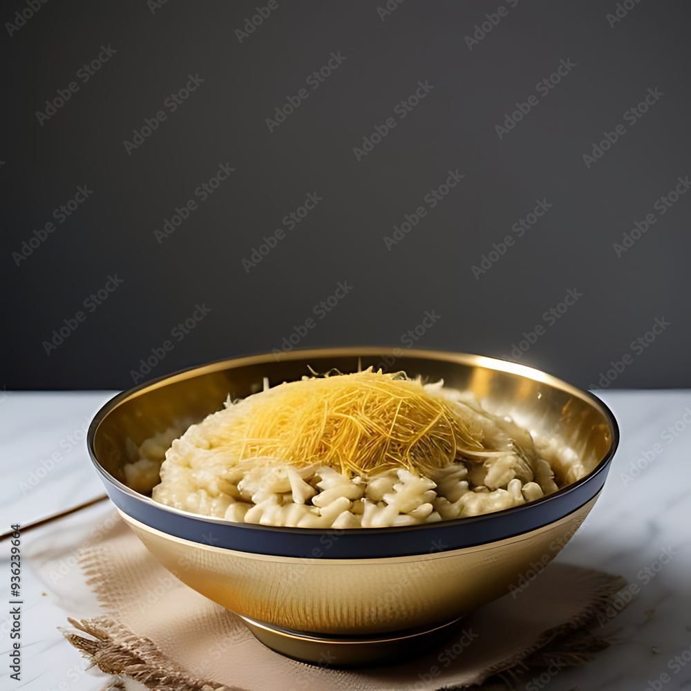 Luxurious golden bowl of saffron risotto with edible gold leaf and ...