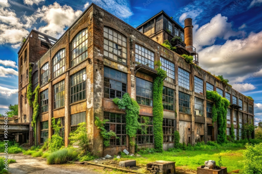 A derelict, crumbling factory stands as a testament to industrial ...