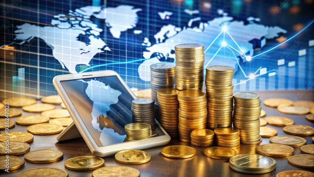 A diverse arrangement of financial icons, including coins, charts, and ...