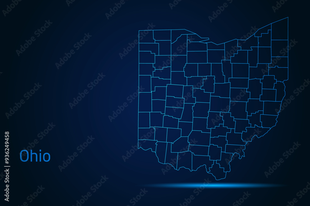 Abstract High Detailed Glow Blue Map on Dark Background of Map of Ohio ...