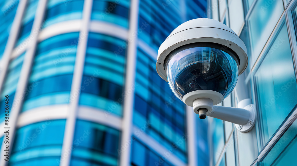 Security camera is observing modern office building with glass facade ...