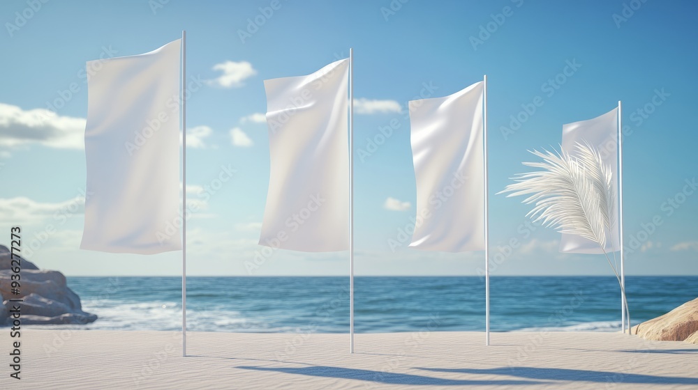 Realistic beach flags, white banner stand isolated 3d vector mockup ...