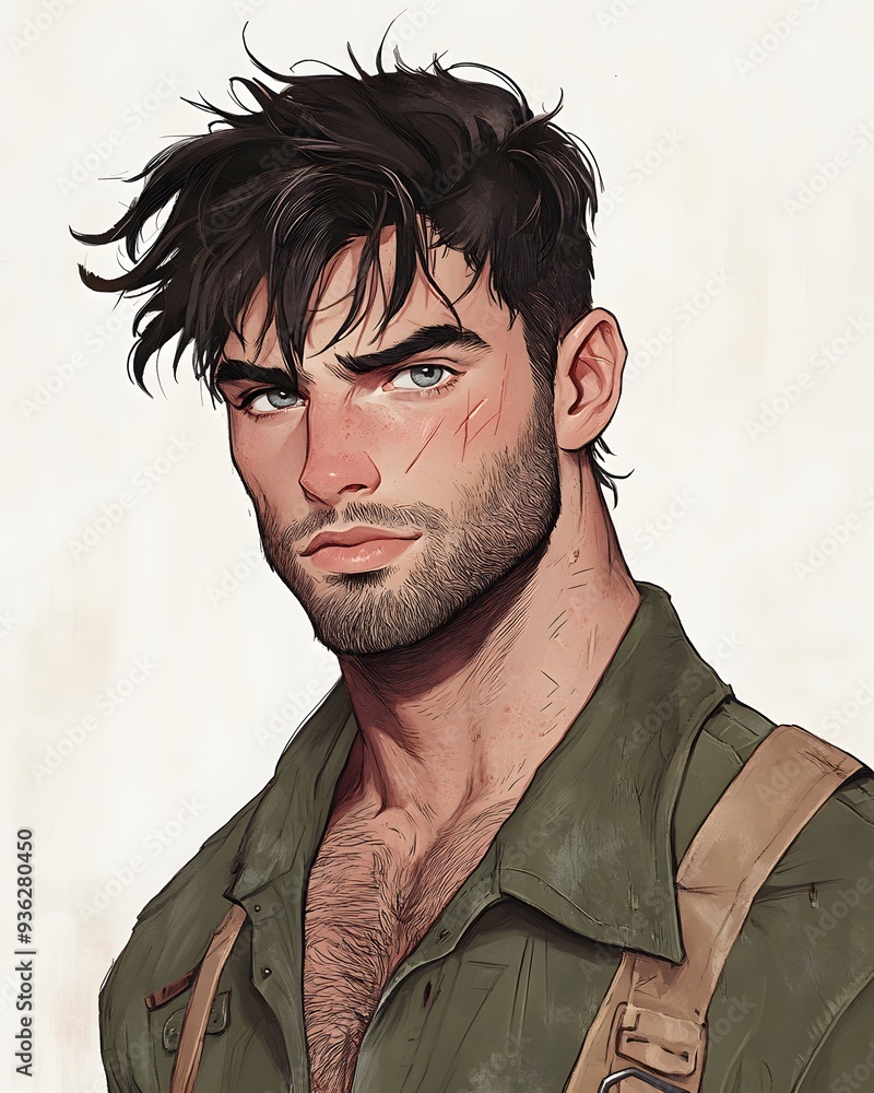 Emotional drawing of a handsome, athletic, broad man with short shaggy ...