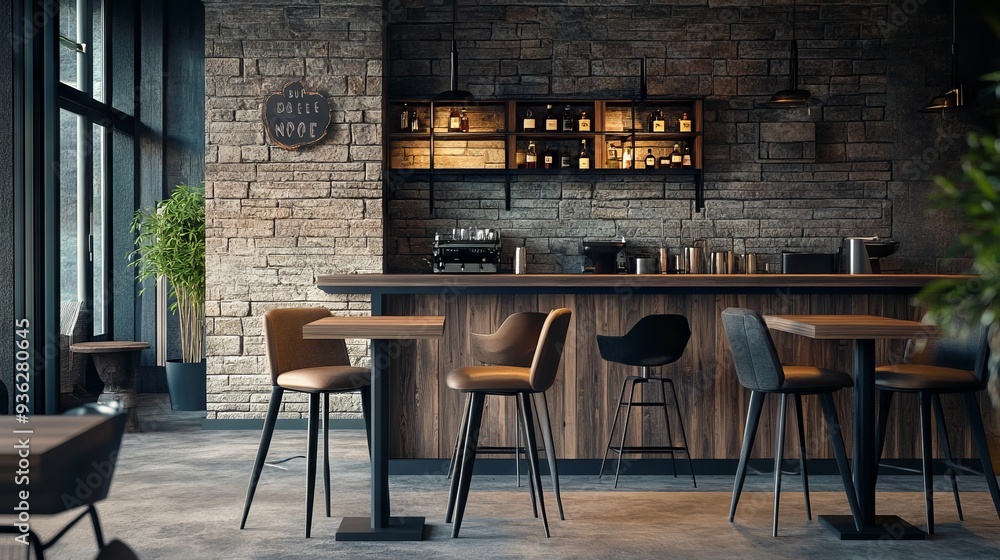 Seating area with bar tables and bar chairs in a modern cafe ...