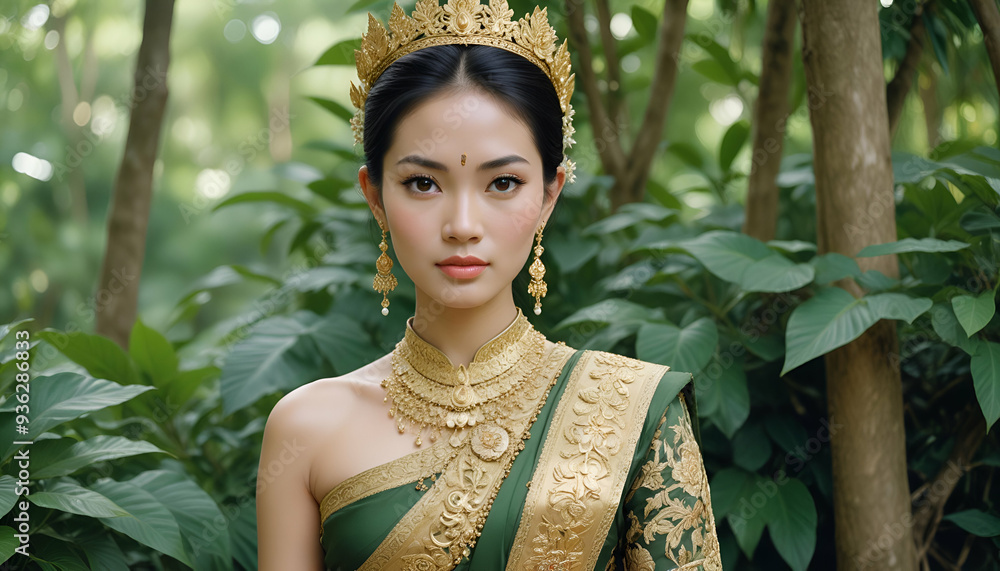 Beautiful Thai Woman in Traditional Thai Dress Captivating Eyes and Rich Cultural Elegance in ...