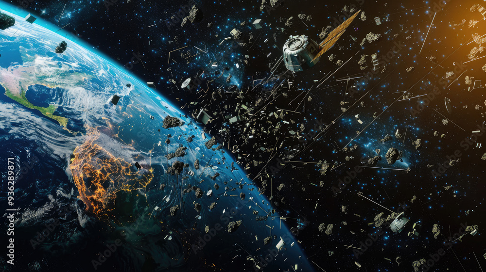 Earth's orbit cluttered with space debris, highlighting the growing issue of orbital pollution ...