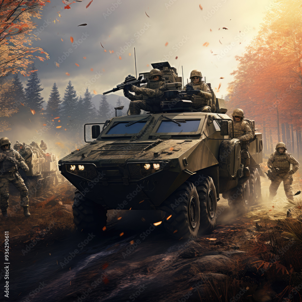 Soldiers advancing under the cover of an armored vehicle, with a helicopter in the sky. Autumn ...