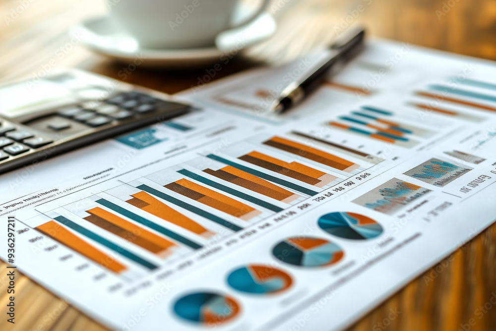 Business plan with charts and graphs laid out on a table Stock ...