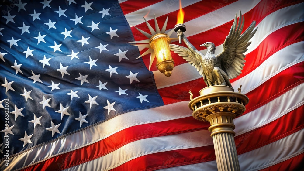 American patriotic symbols including the flag, Liberty torch, and eagle ...