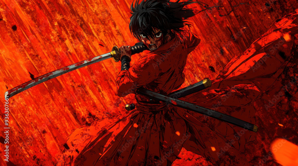 samurai warrior in a red kimono, wielding two swords. His face is ...