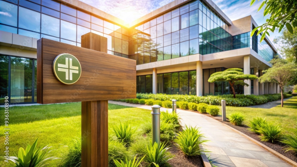 A modern medical facility with a wooden post and sign outside ...