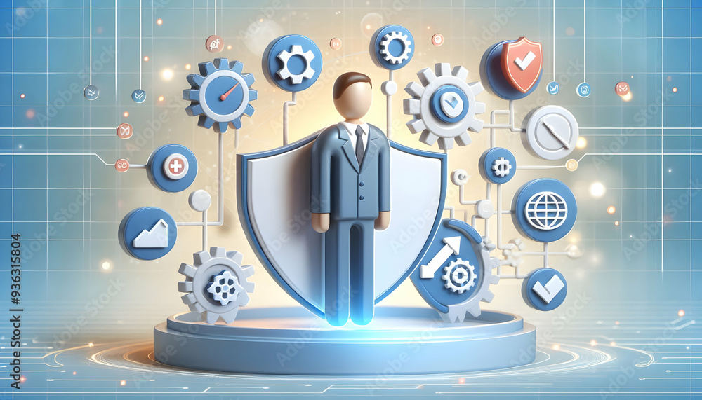 3d Flat icon as Manufacturing Manager with Process Flowchart and Shield ...