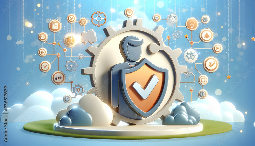 3d Flat icon as Production Supervisor with Process Diagram and Shield ...