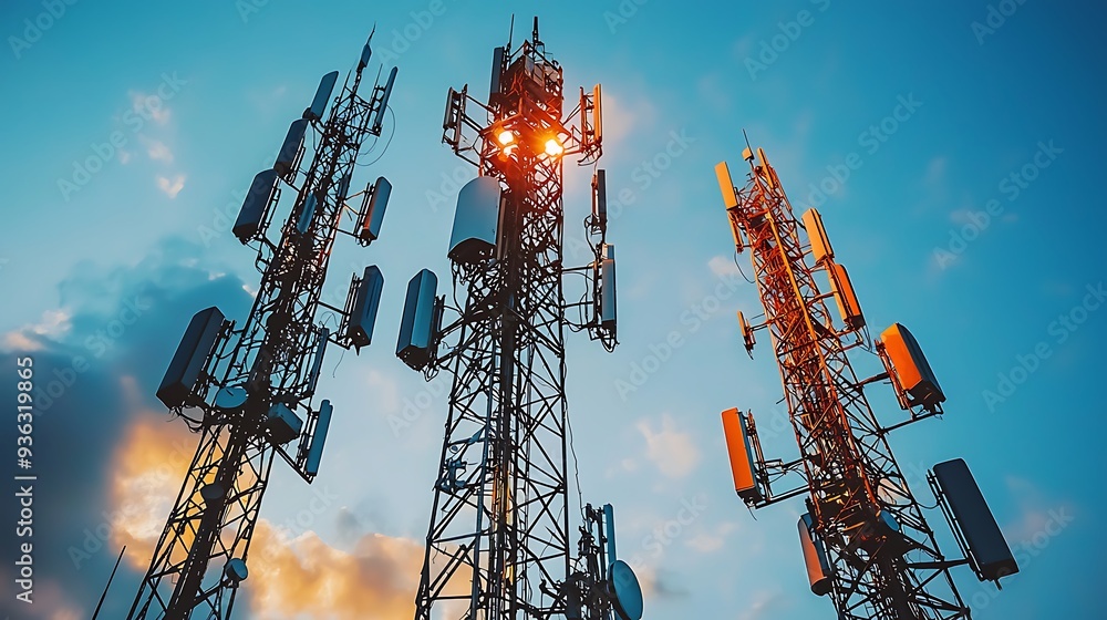 Cellular towers with antennas against a blue sky, representing the ...