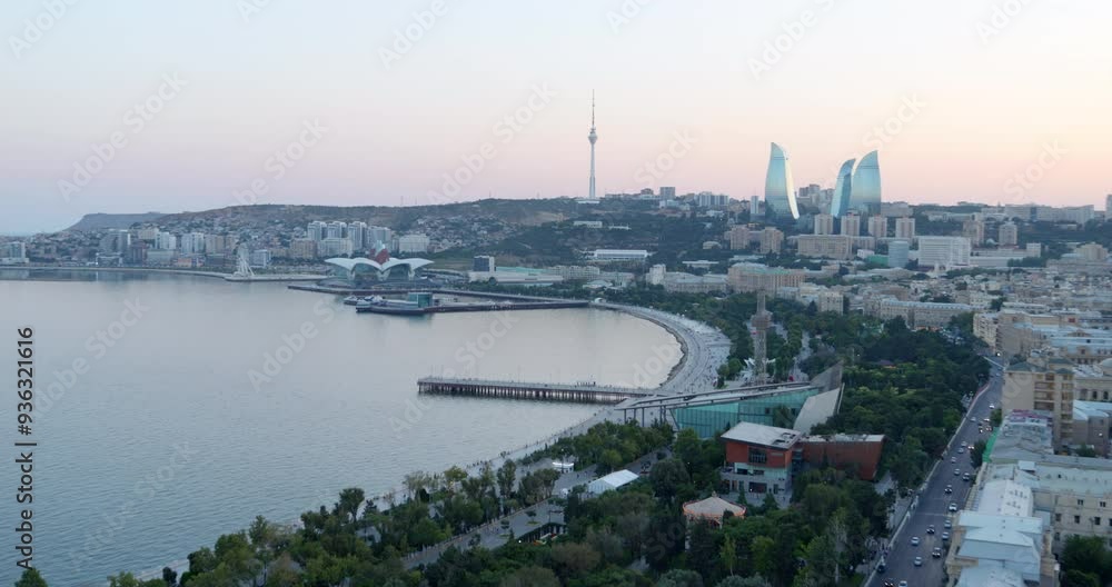 Static View of Baku City Bay and Skyline with Flame Towers Sunset Sky ...