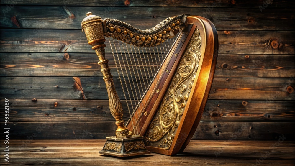 Ancient traditional Irish harp with ornate gold decorations and strings ...