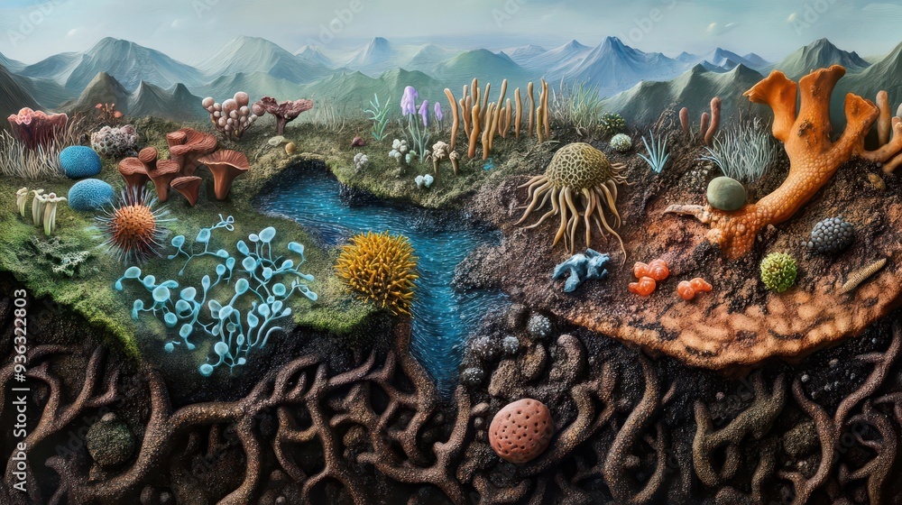 Ecosystem components at a microscopic level, showing interactions ...