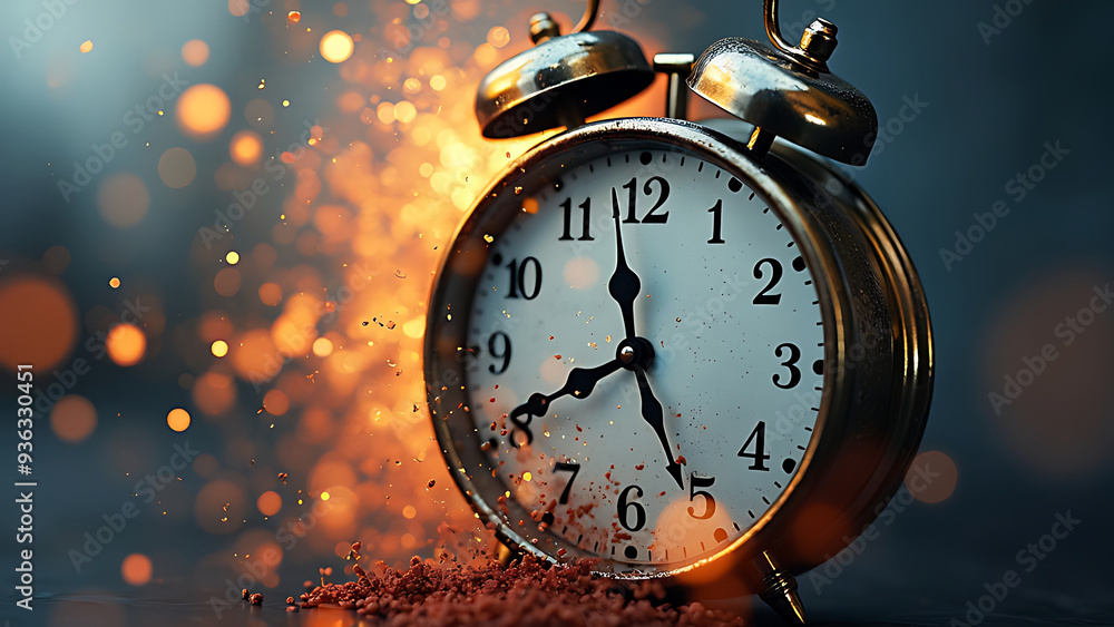 Vintage alarm clock surrounded by fiery sparks and bokeh, symbolizing ...