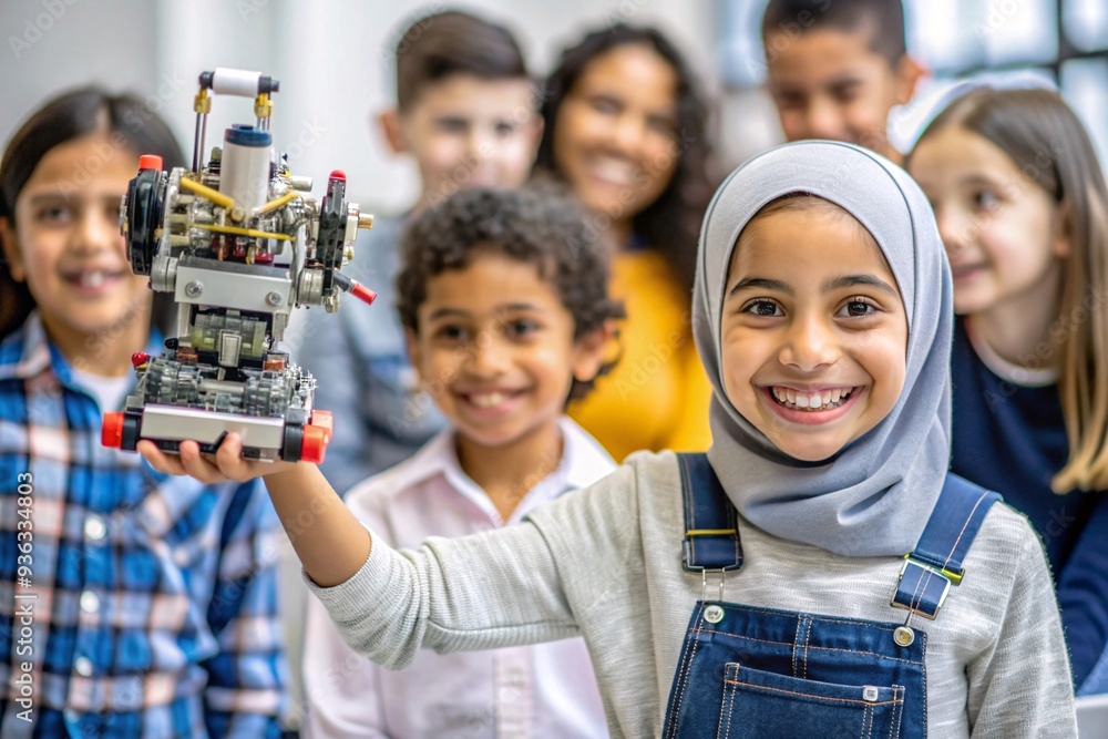 Young Girl Proudly Displays Her Robot Creation in STEM Class. Robotics ...